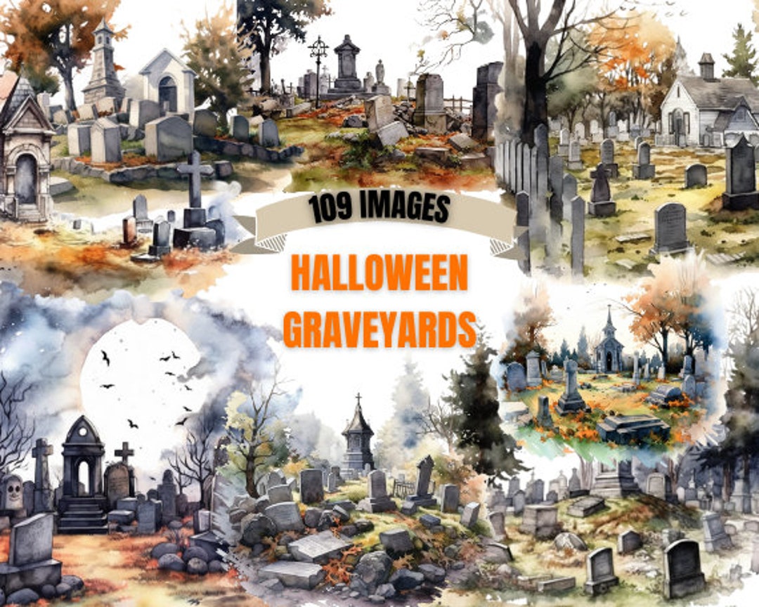 HALLOWEEN GRAVEYARD CLIPART Bundle 109x Png - Watercolor - Fall Autumn ...