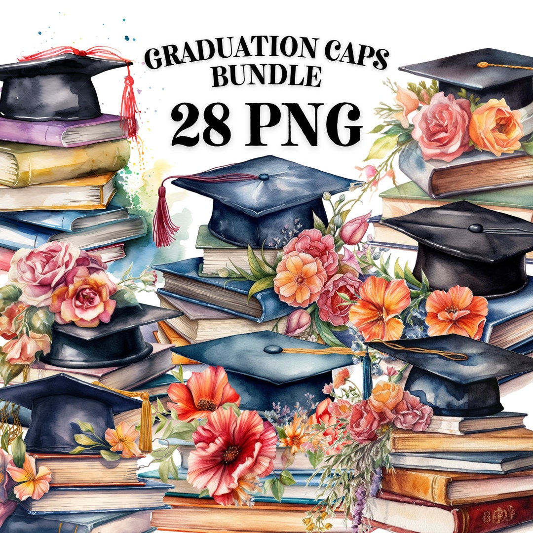GRADUATION CAPS CLIPART Bundle 28x Png - Watercolor - Grad Floral ...