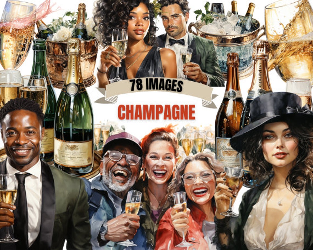 CHAMPAGNE CLIPART Bundle 78x Png ACUARELA Vidrio de botella Diseños ...