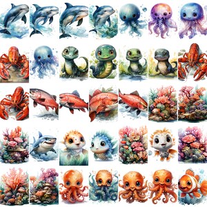 CARTOON OCEAN CLIPART Bundle 157x Png - Watercolor- Marine Animals ...
