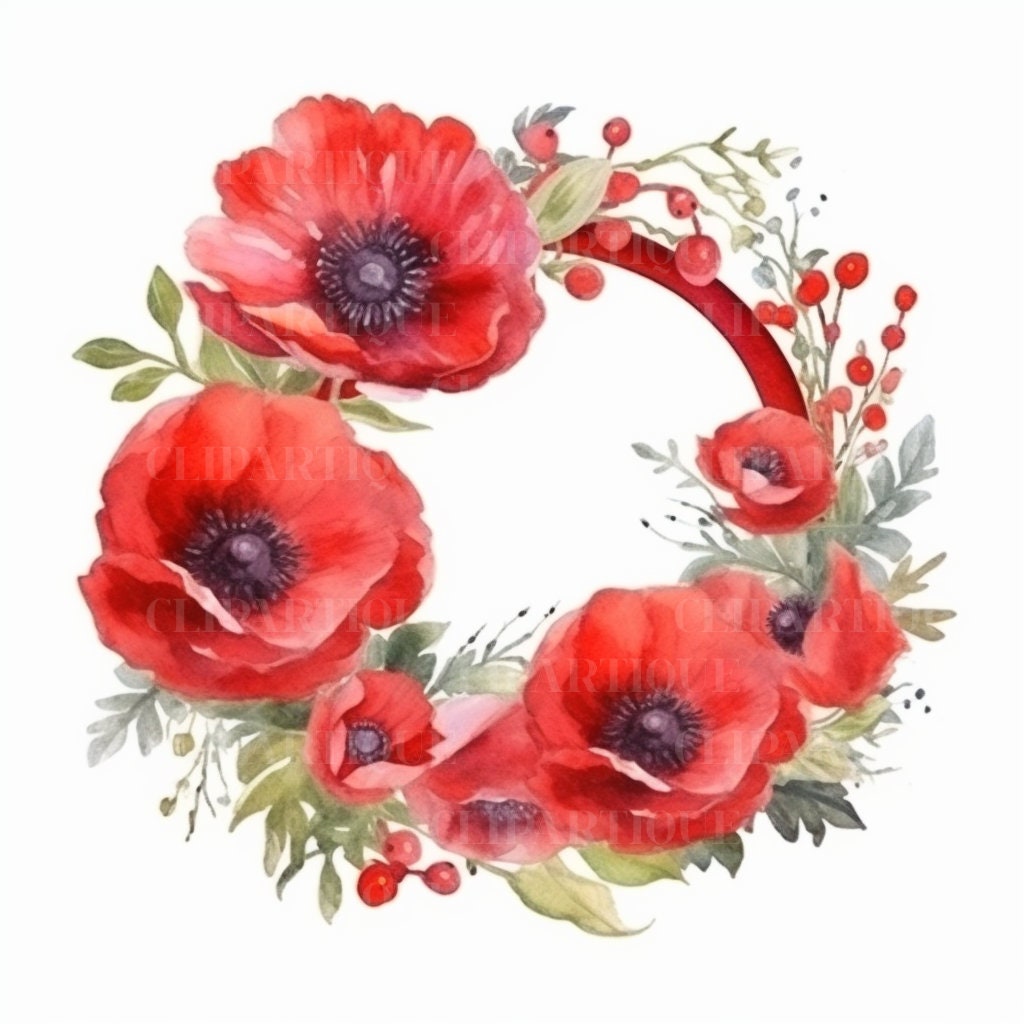 POPPY WREATH Png 20pc Water Color CLIPART Memorial Floral - Etsy