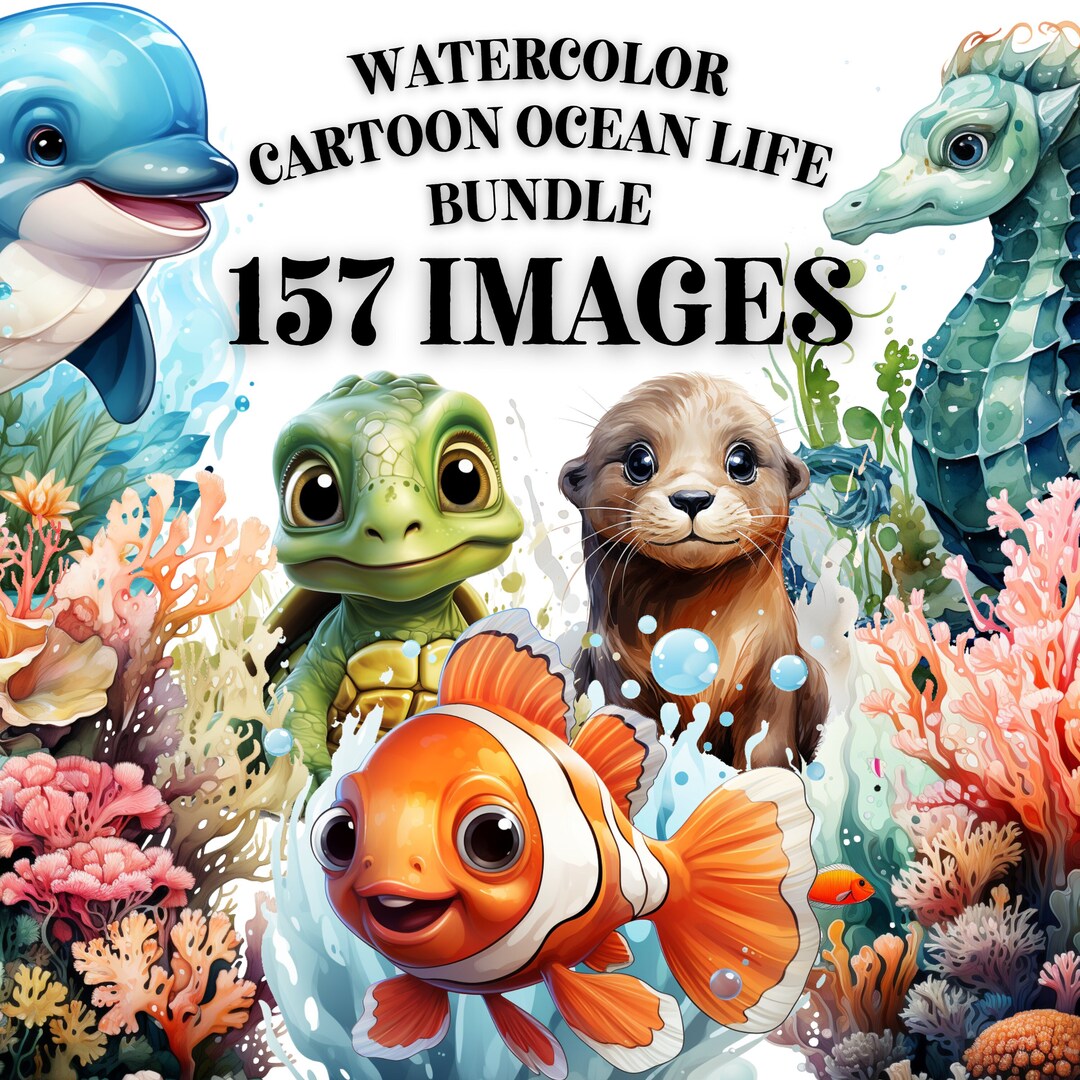 CARTOON OCEAN CLIPART Bundle 157x Png - Watercolor- Marine Animals ...