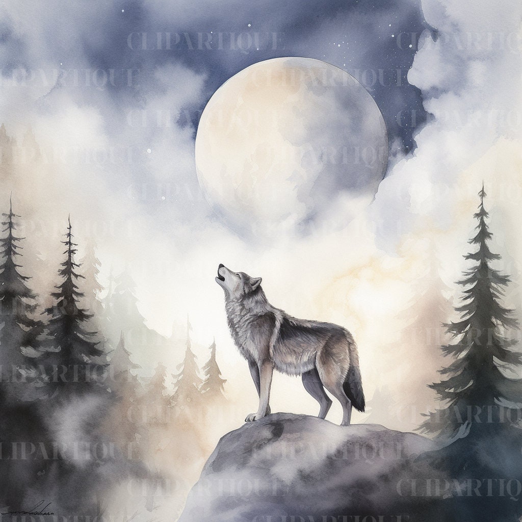 WOLF and MOON Png 21pc Water Color CLIPART Wall Art Png - Etsy