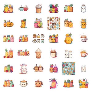 Kawaii Drinks Clipart Bundle - 128x Cute Kawaii PNG Clipart Tea Coffee ...