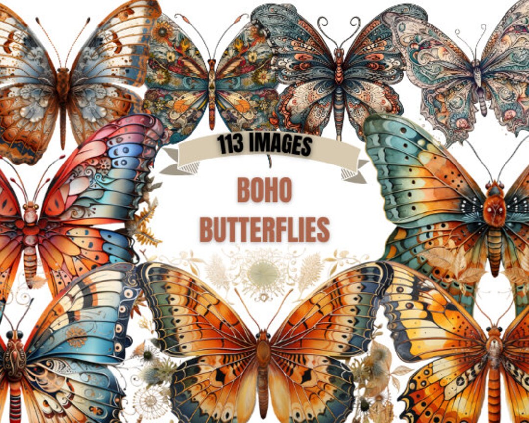 BOHO BUTTERFLY CLIPART Bundle 113x Png Watercolor Fantasy Transparent ...