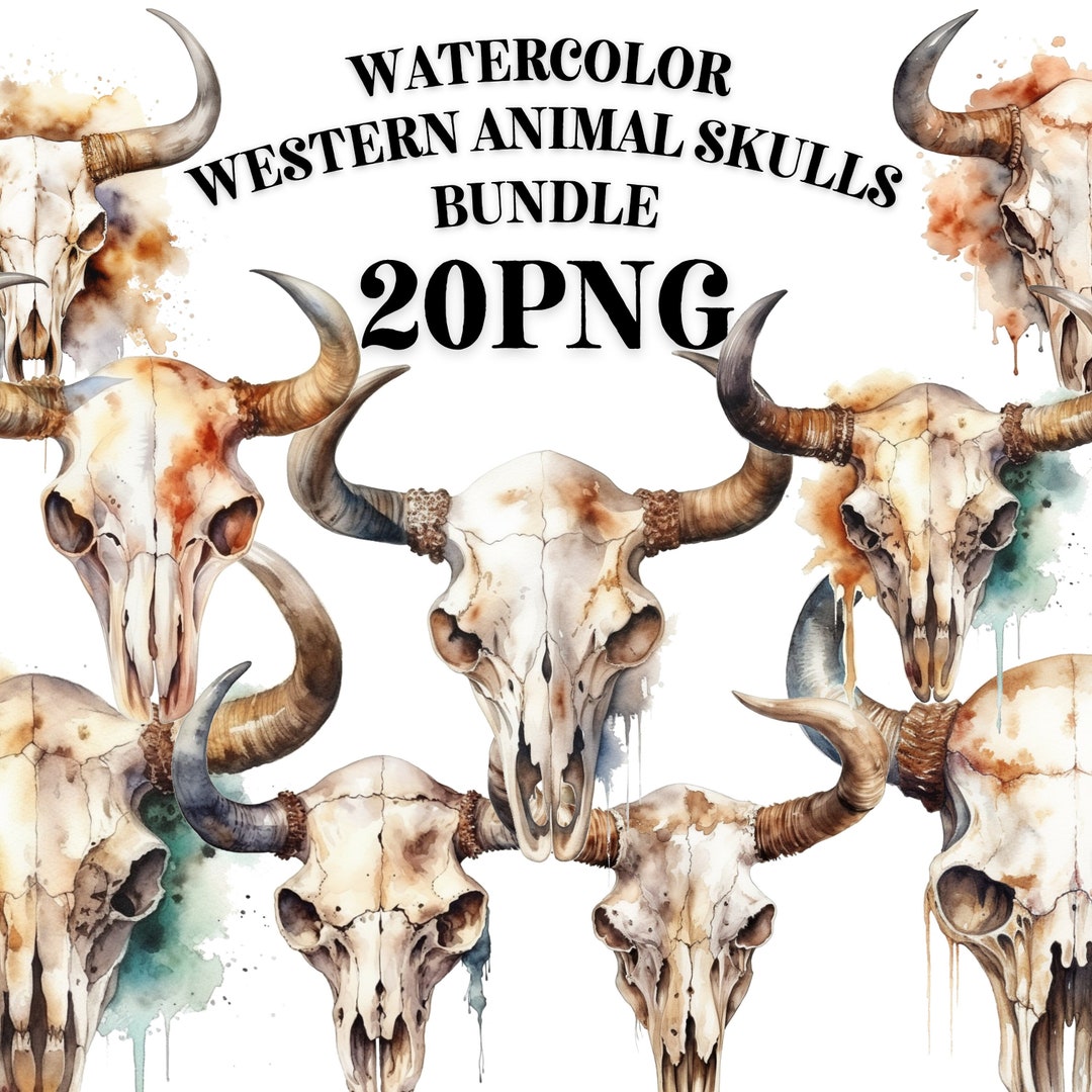 ANIMAL SKULL CLIPART Bundle 20x Png - Wild Western Watercolor ...