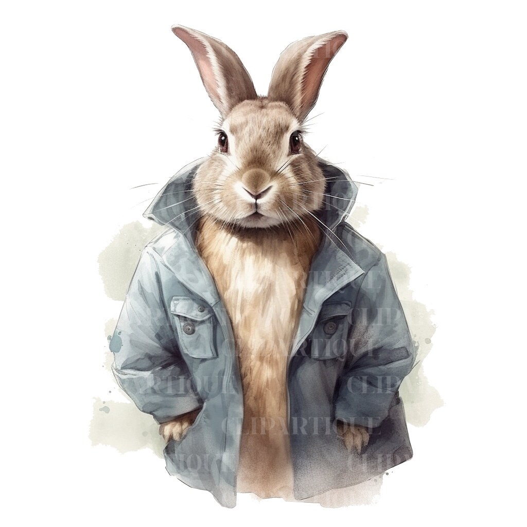RABBITS in COATS Png 12pc Water Color CLIPART Funny Animals - Etsy