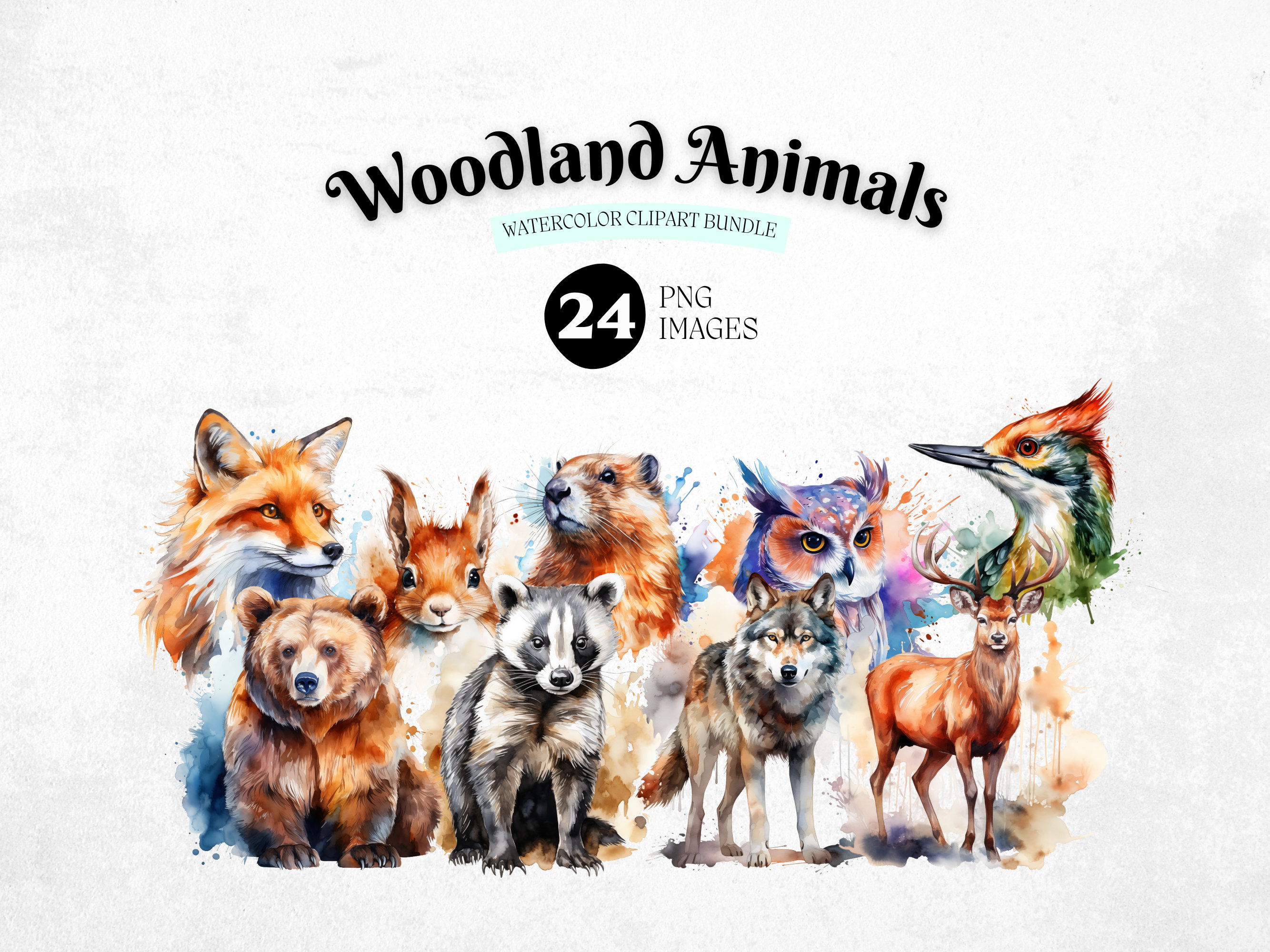 Watercolor Woodland Animals Clipart Bundle, PNG Transparent Background ...