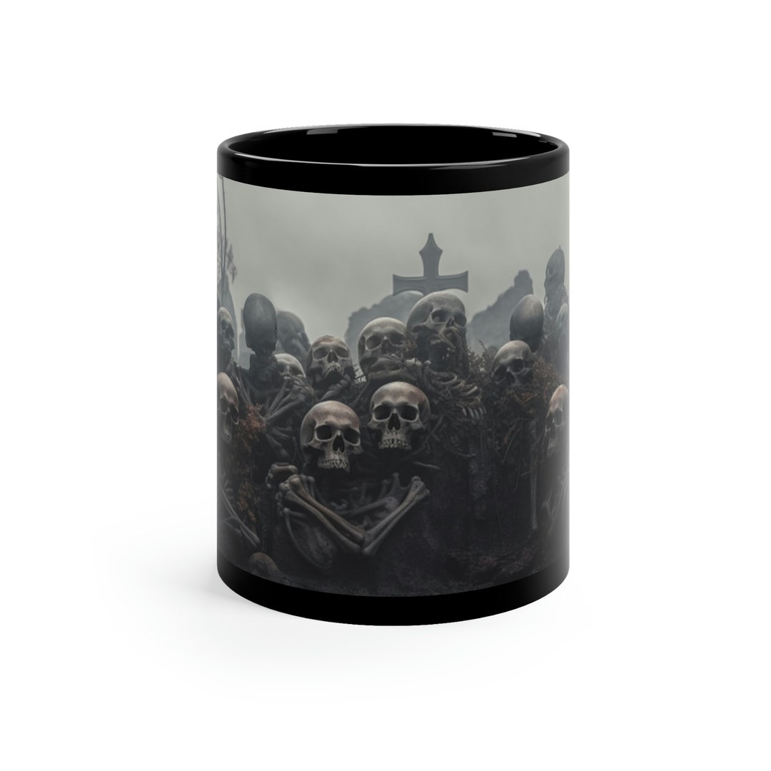 11 Oz, Black Ceramic Skull Graveyard Coffee Mug | Black Halloween Mug ...