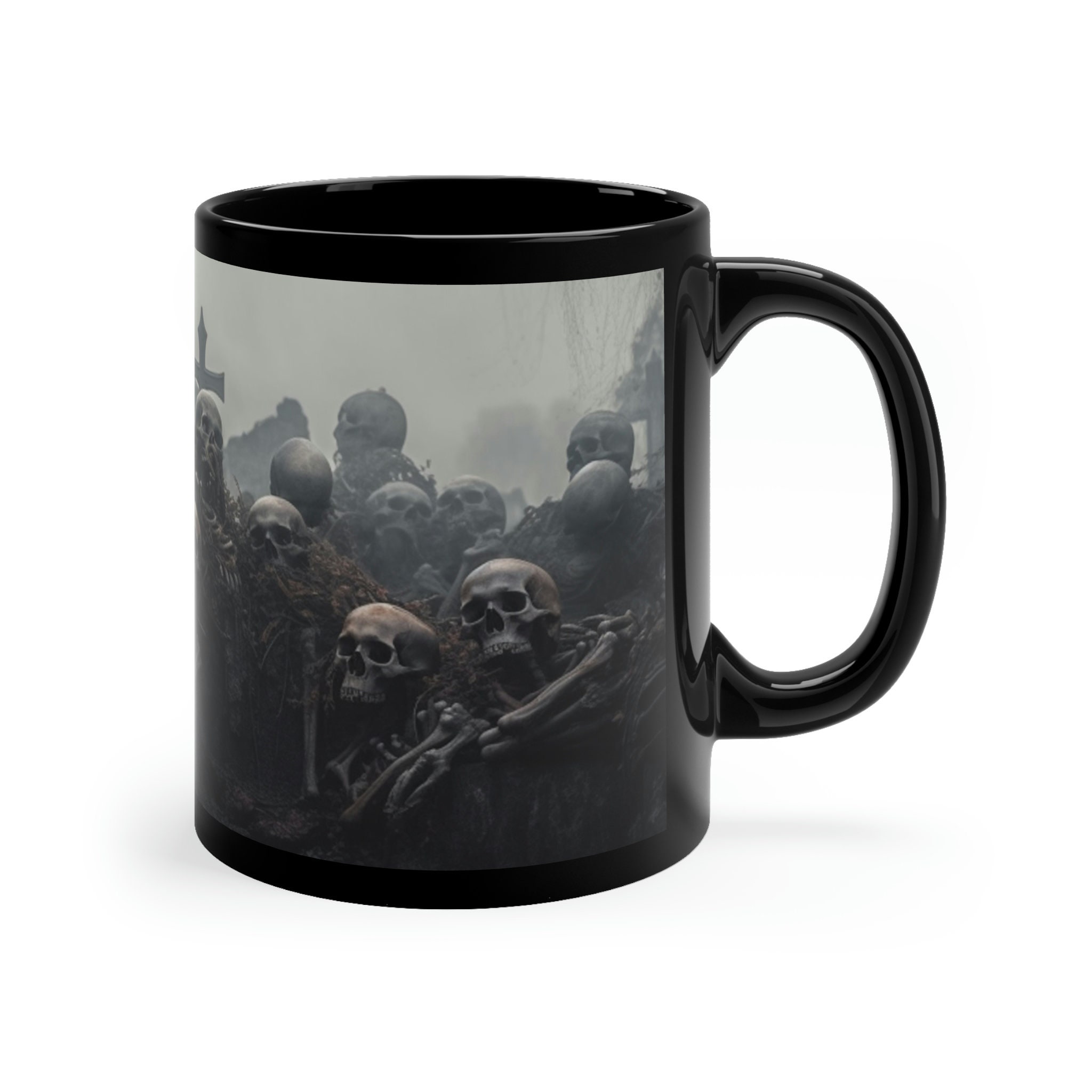11 Oz, Black Ceramic Skull Graveyard Coffee Mug | Black Halloween Mug ...