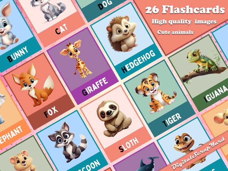 ABC Alphabet Flashcards Cute Cartoon Flashcards Animals - Etsy