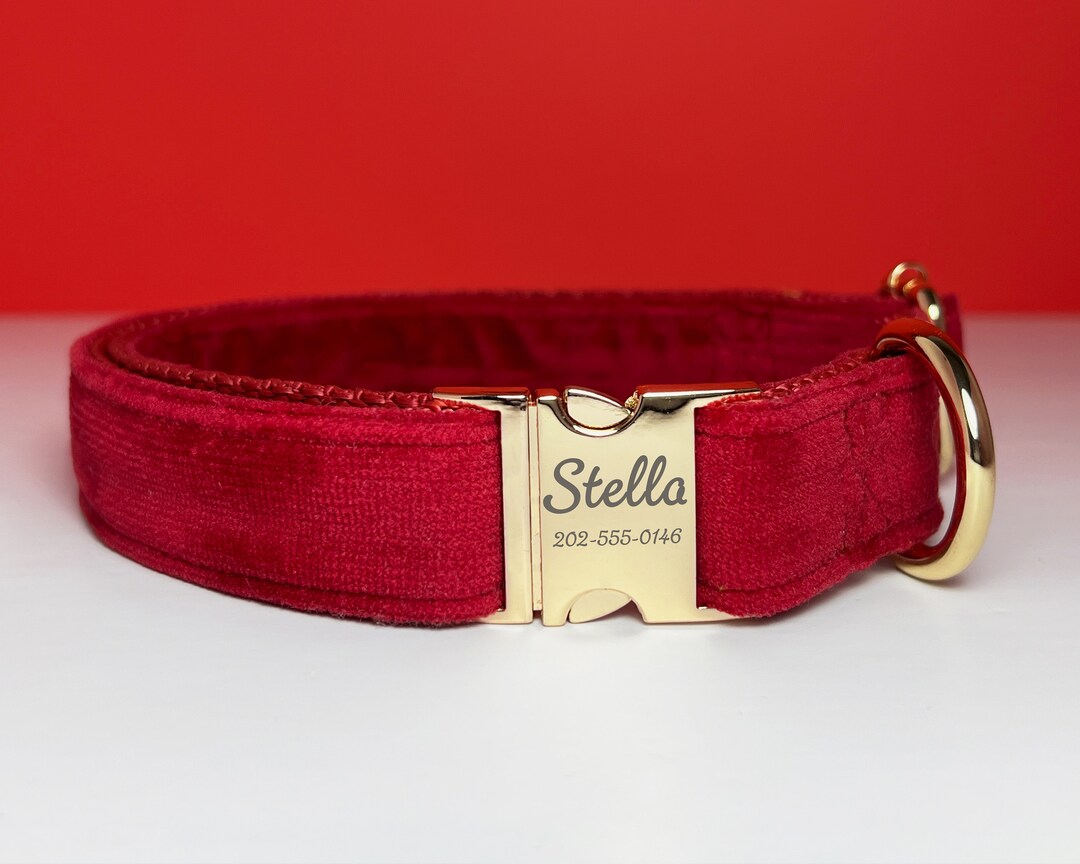 Red Soft Velvet Dog Collar, Personalized Dog Collar With Engraved Dog ...
