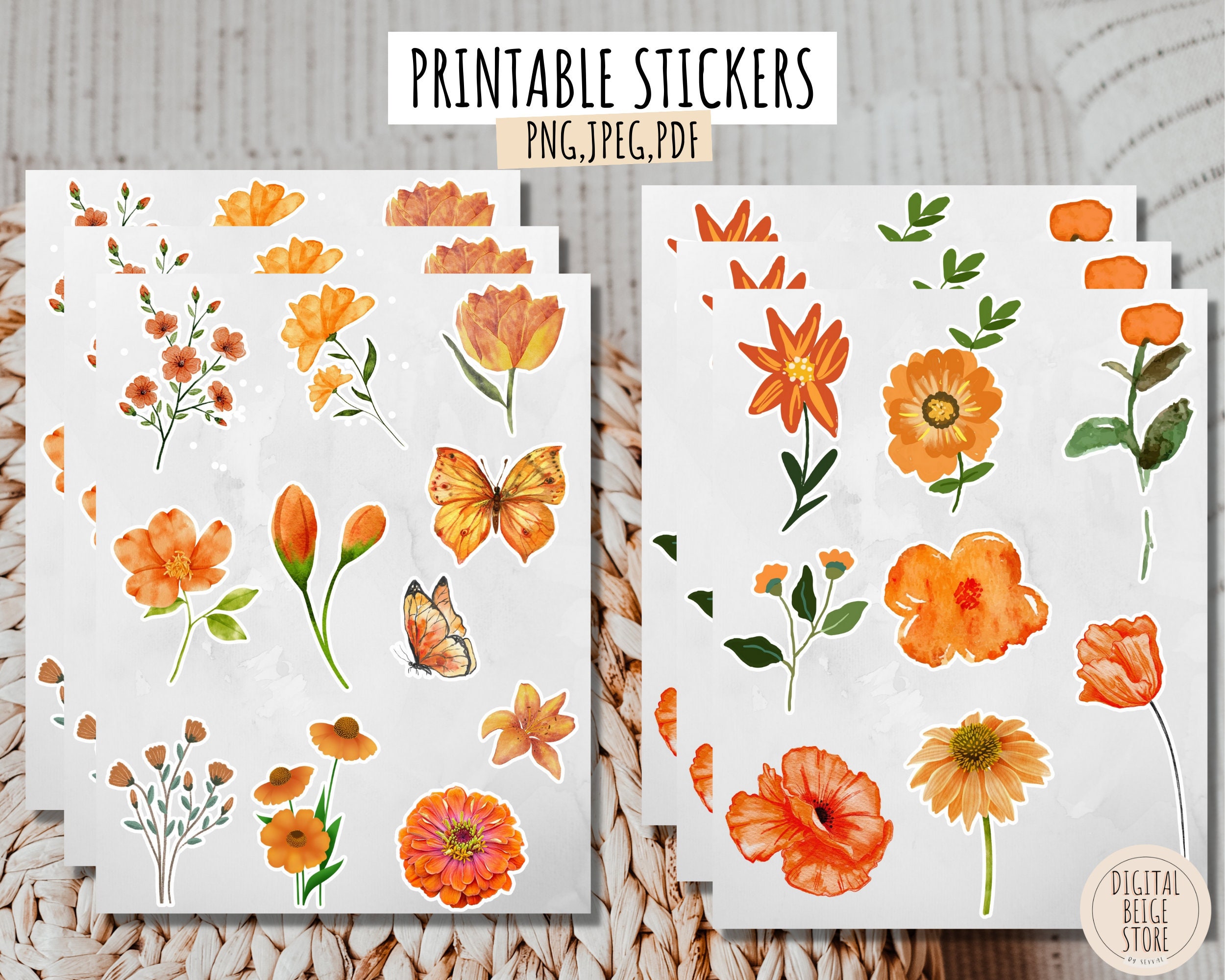 Orange Floral Clipart Printable Sticker, ORANGE Flower Stickers Planner ...