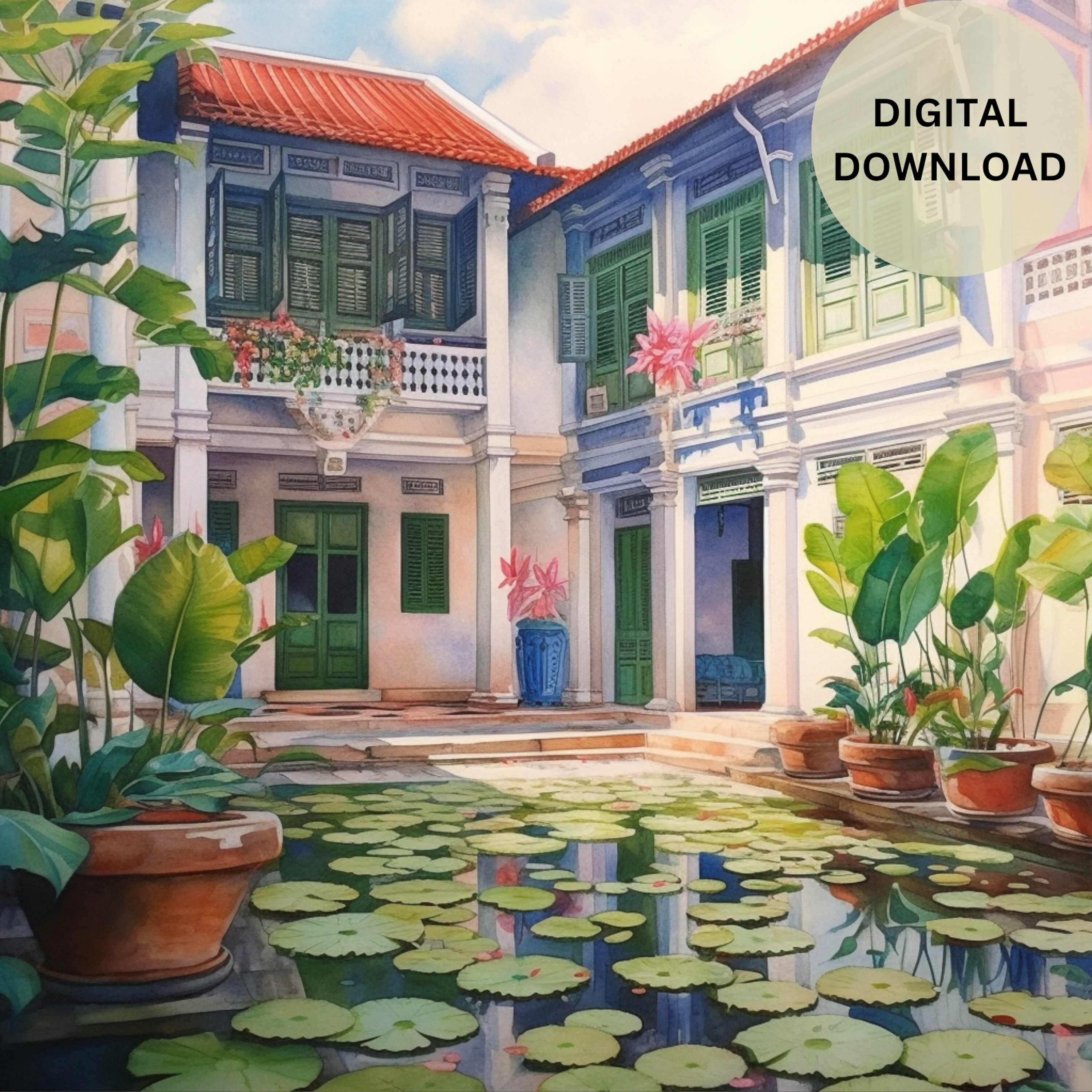 Lotus Haven: Enchanting Peranakan Yard - Printable Wall Art - Etsy