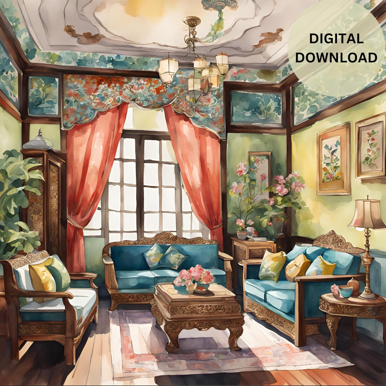 The Grand Peranakan Salon Art in Watercolor - 4 Printable Wall Art - Etsy