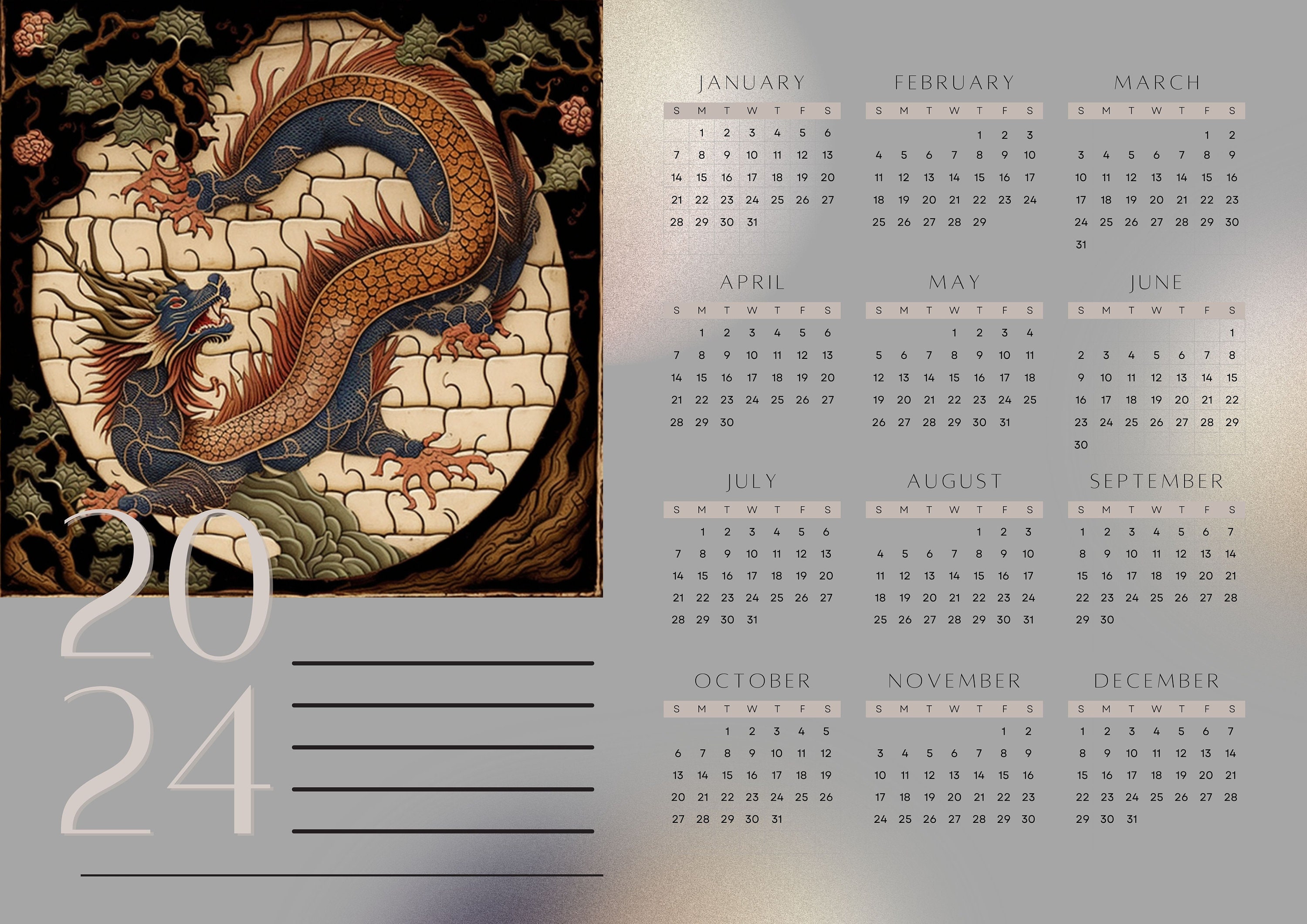 2024 Calendar Roar Dragon on Tiles Printable ISO A3A4A5 - Etsy