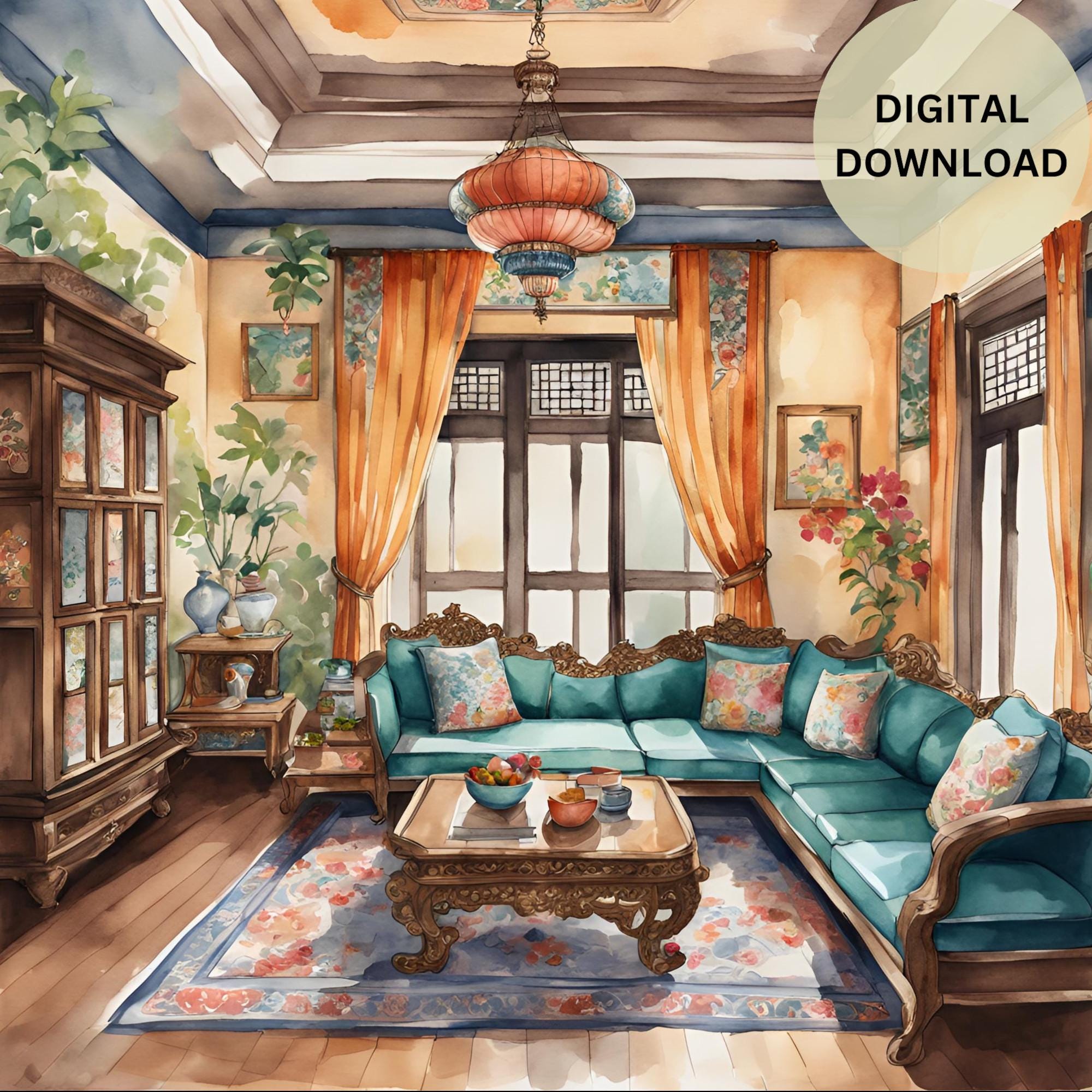 The Grand Peranakan Salon Art in Watercolor - 4 Printable Wall Art - Etsy