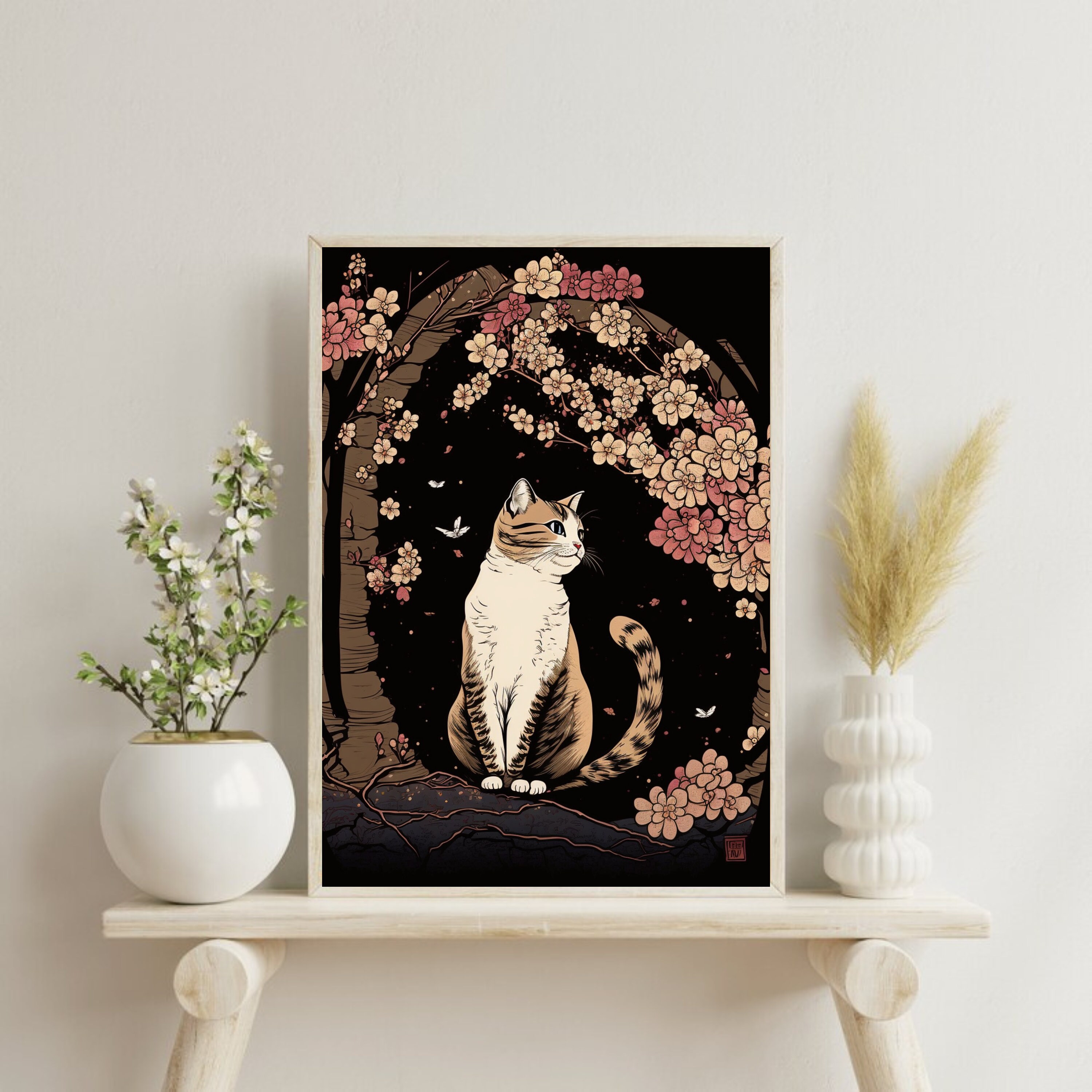 Cute Cat Wall Art, Mother's Day Gift, Ukiyo-e Style Art, Japanese ...