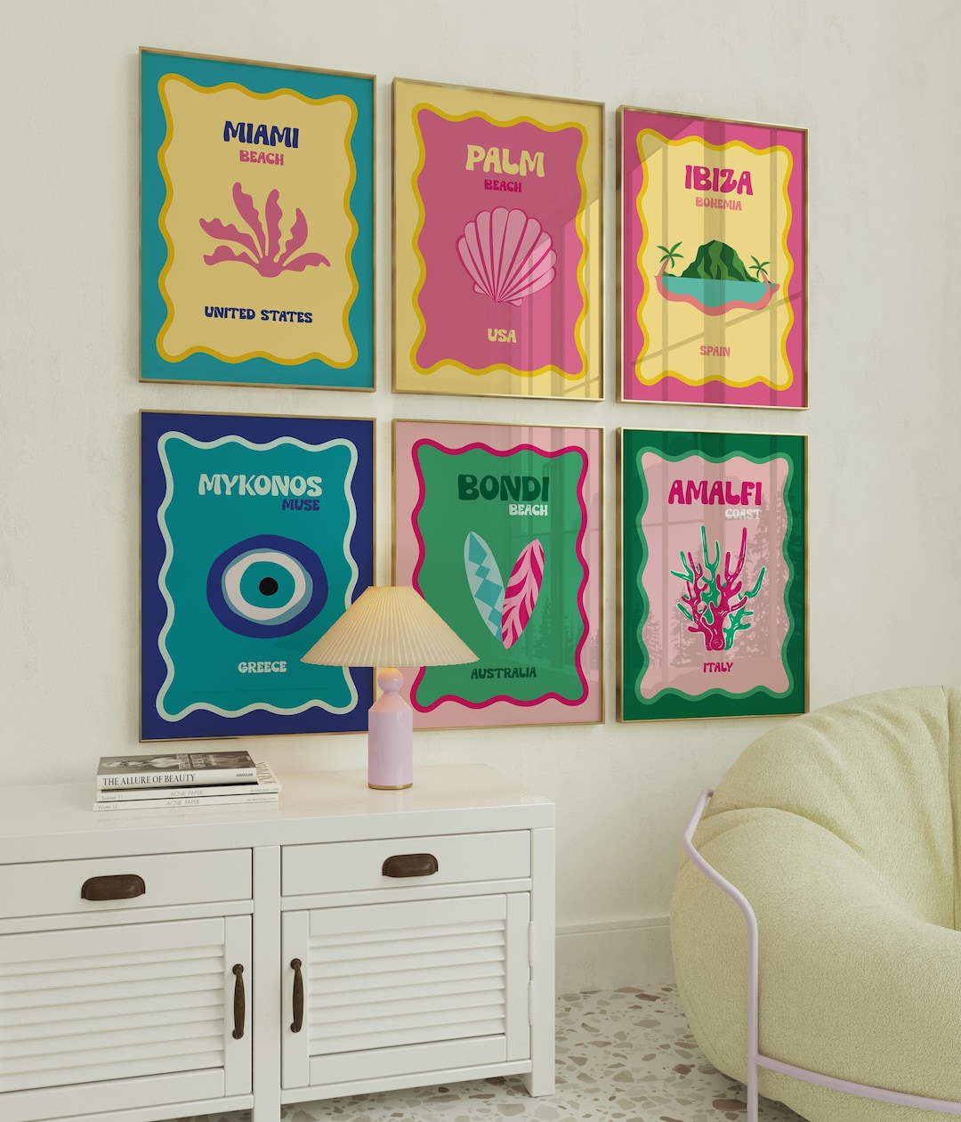 Set of 6 Travel Famous Places Prints | Ibiza Miami Mykonos Amalfi Bondi ...