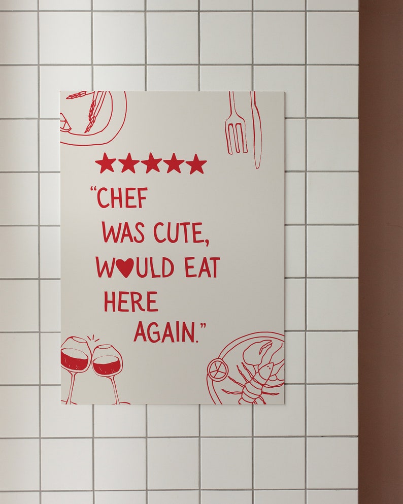 Chef Was Cute Would Eat Here Again Hand Drawn Kitchen Wall Art Red ...