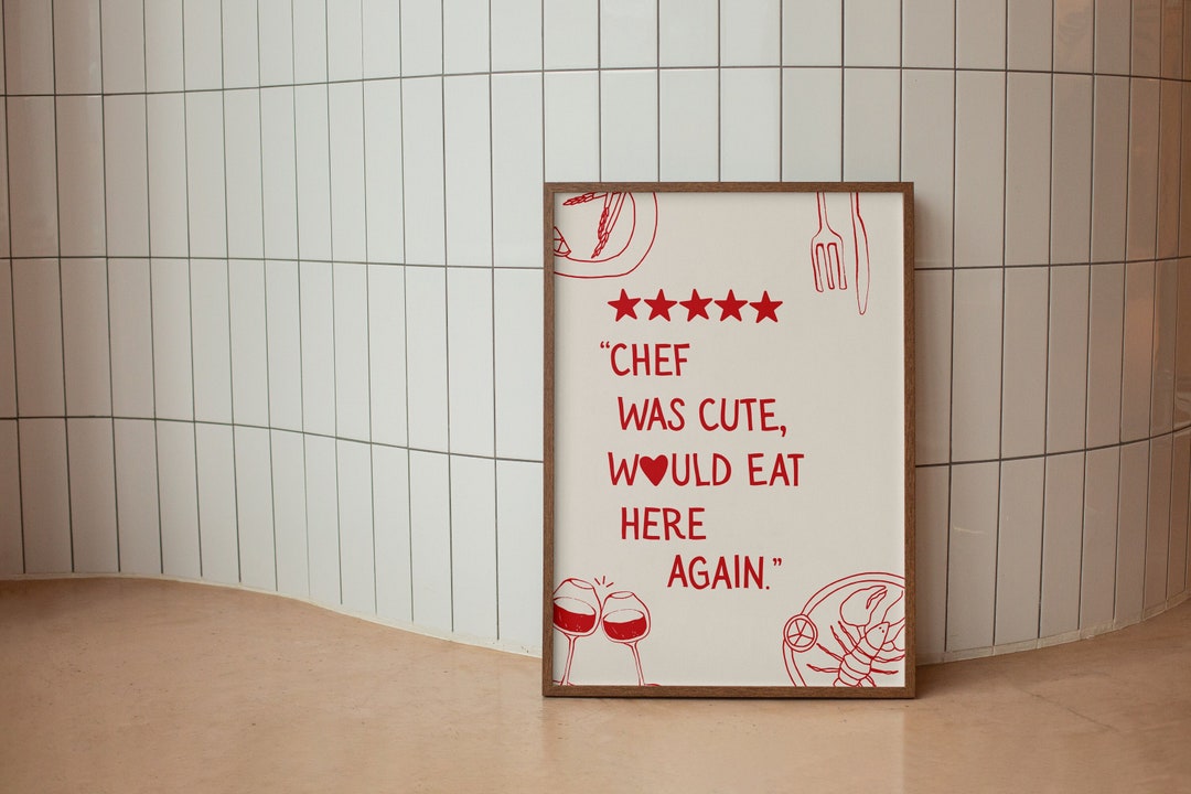 Chef Was Cute Would Eat Here Again Hand Drawn Kitchen Wall Art Red and ...