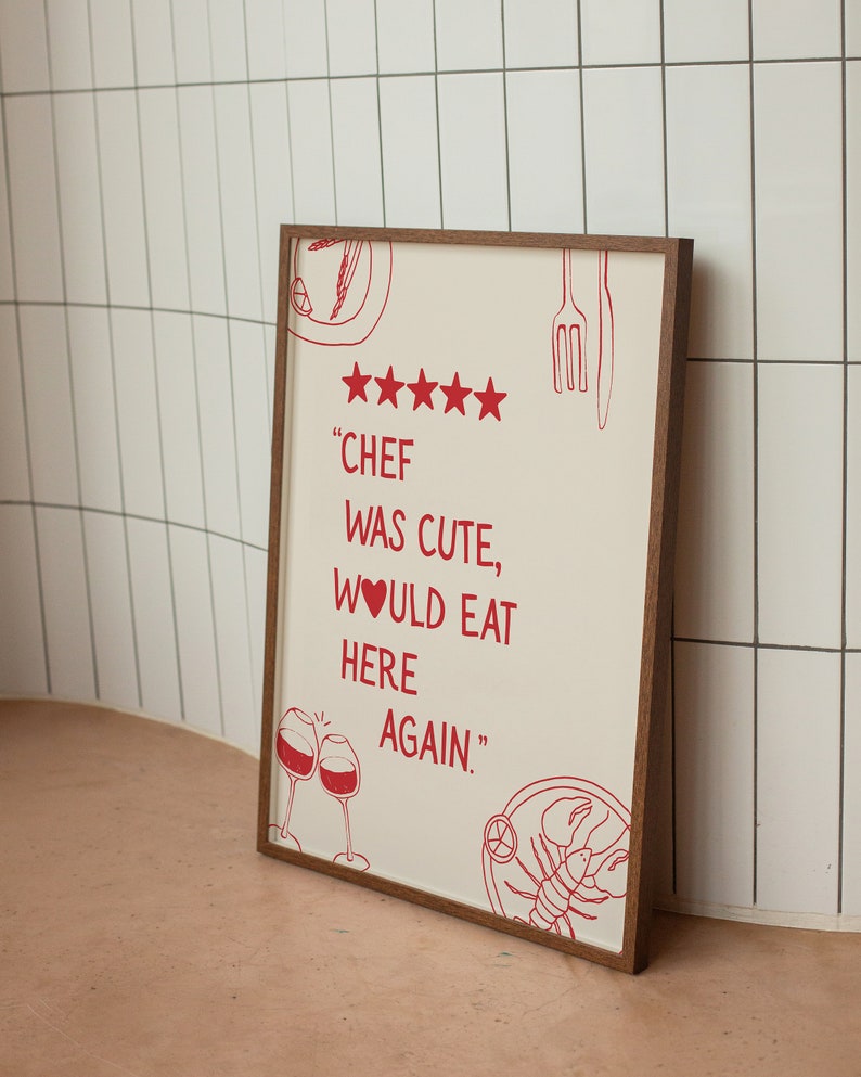 Chef Was Cute Would Eat Here Again Hand Drawn Kitchen Wall Art Red ...
