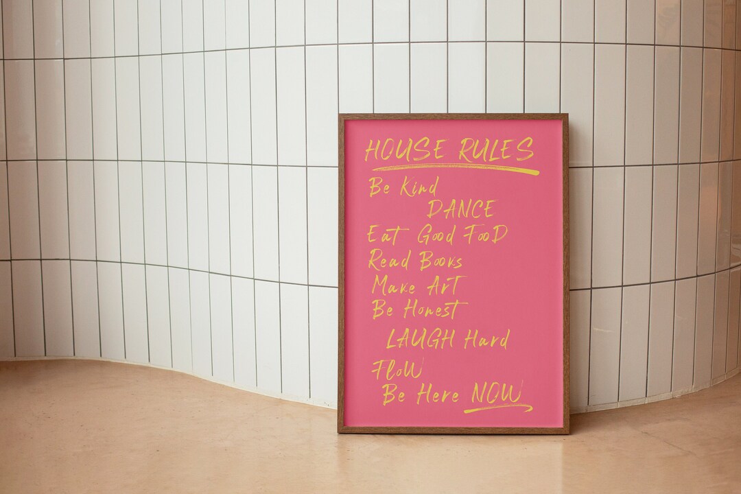 Pink House Rules Wall Print, Cute Apartment Decor, Minimalist Wall Art ...