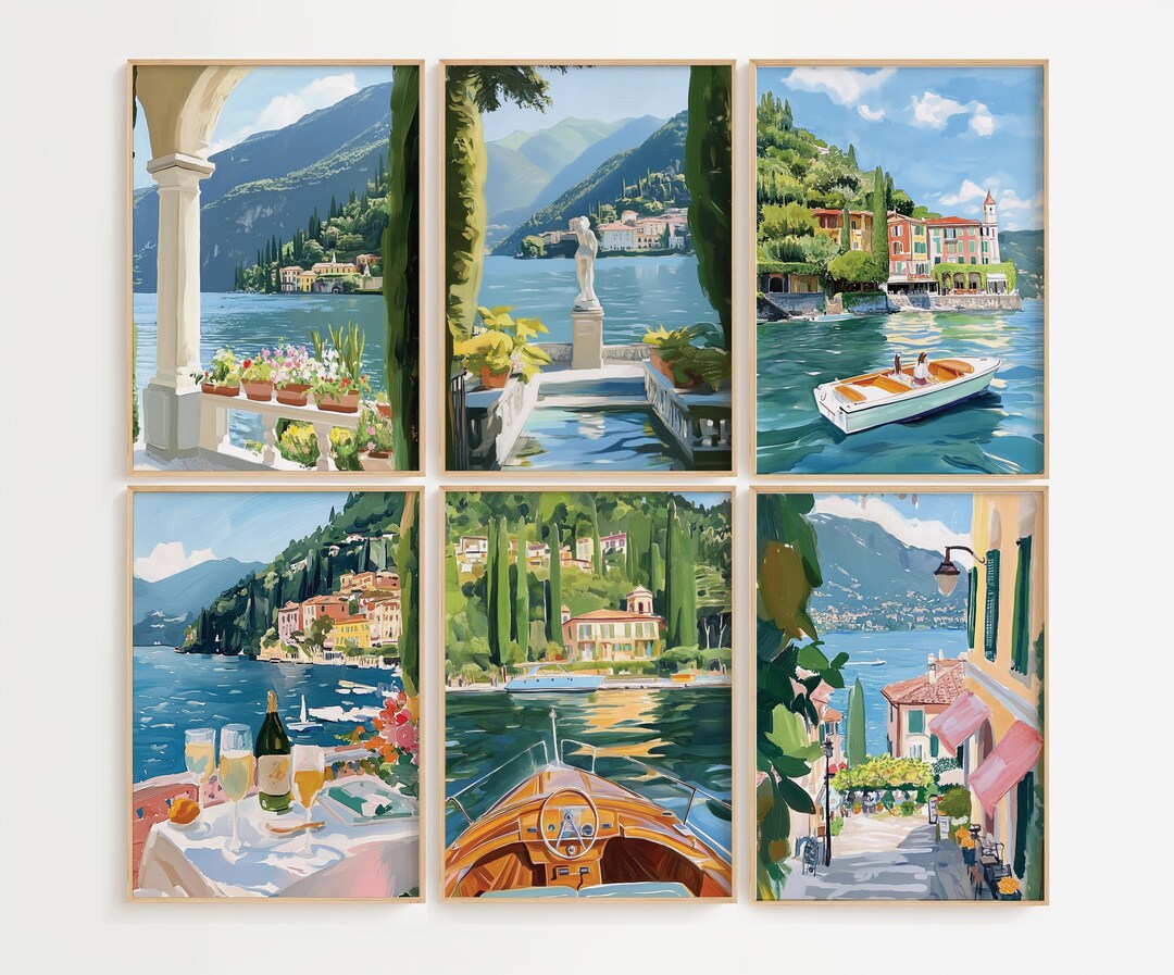 Lake Como Wall Art Set of 6 Watercolor Prints,lake Como Oil Painting,la ...