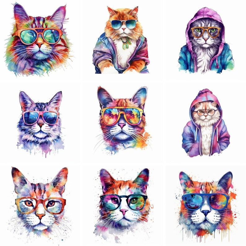 30 Cool Cat Clip Art, Watercolor, PNG, Instant Download, Commercial Use ...