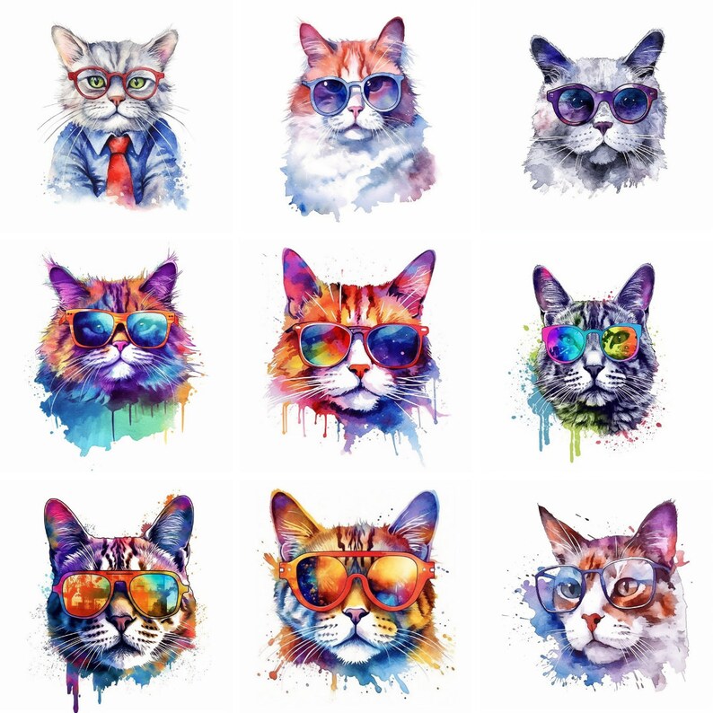 30 Cool Cat Clip Art, Watercolor, PNG, Instant Download, Commercial Use ...