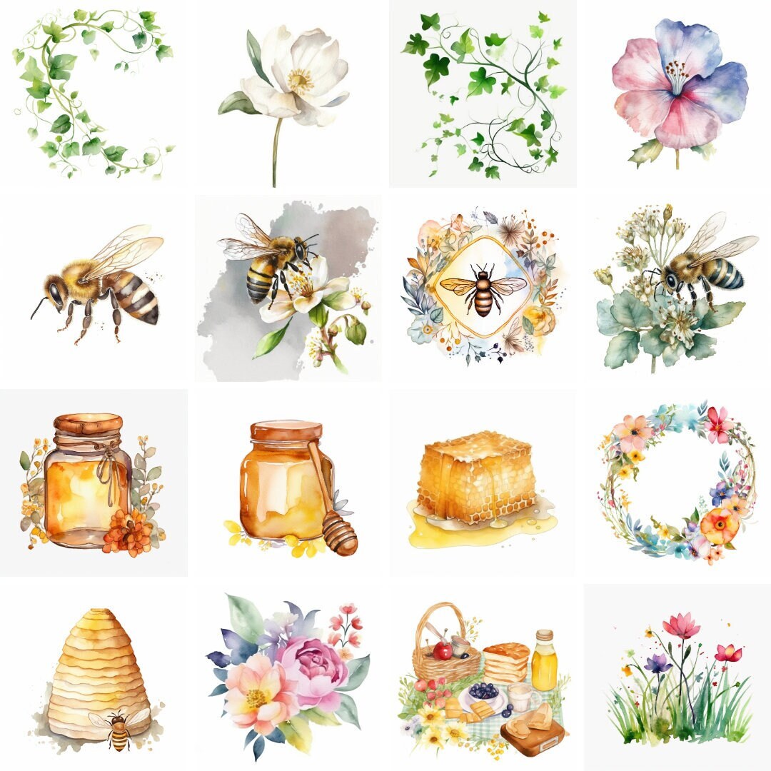 16 Honeybee Themed Watercolor Clip Art, Spring, Summer, Instant ...
