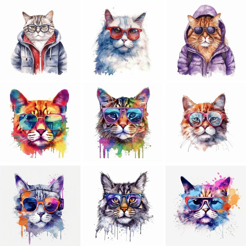 30 Cool Cat Clip Art, Watercolor, PNG, Instant Download, Commercial Use ...