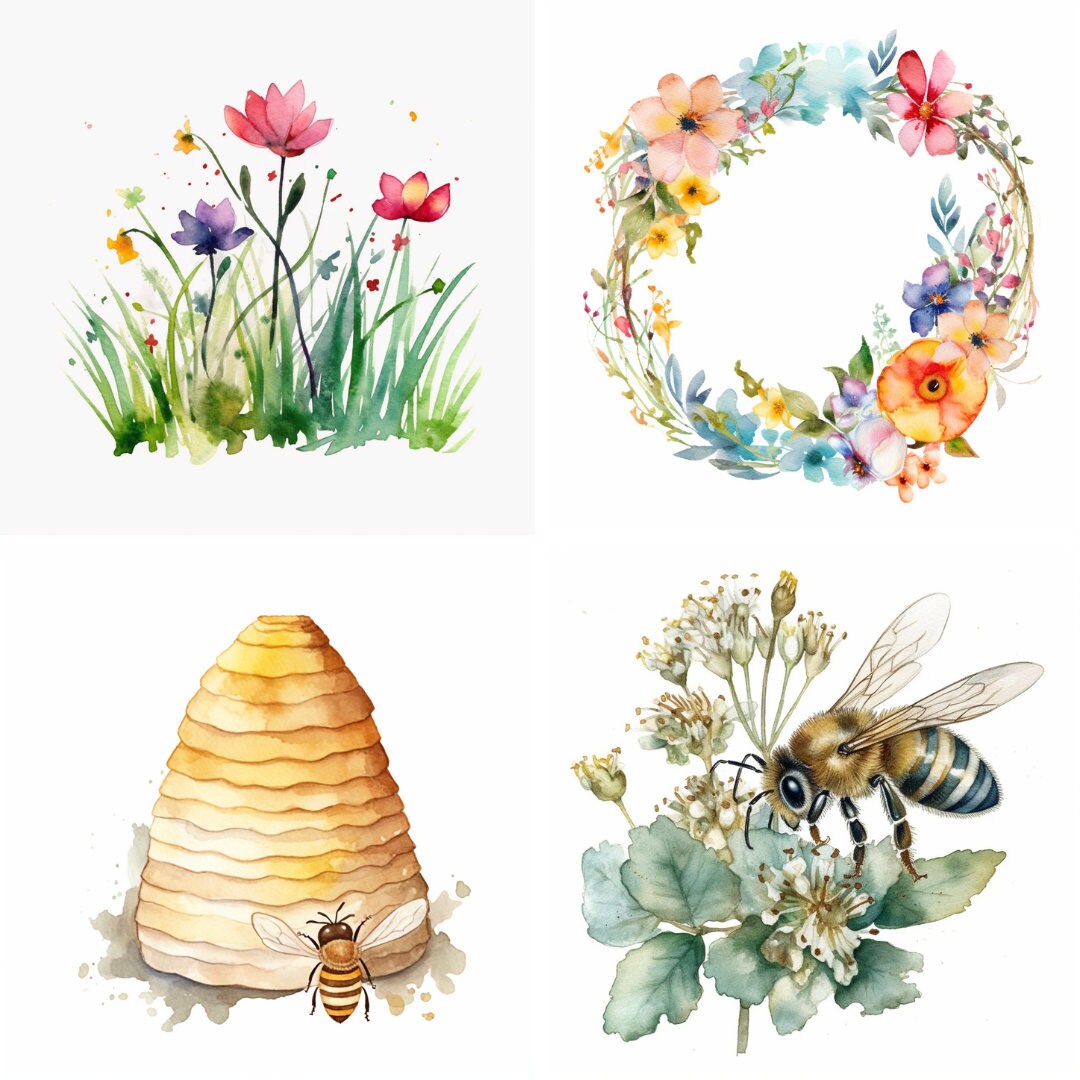 16 Honeybee Themed Watercolor Clip Art, Spring, Summer, Instant ...