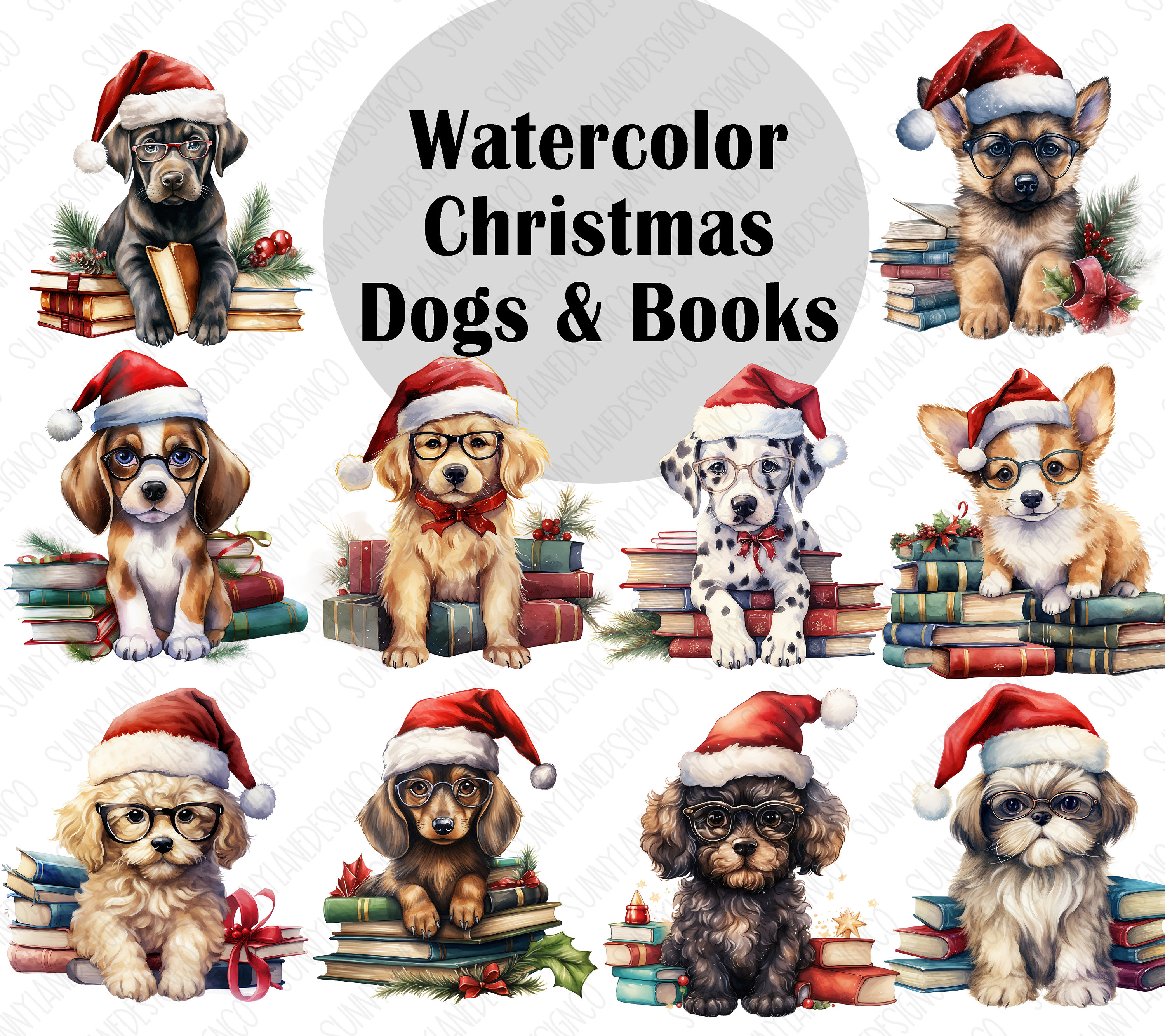 Watercolor Christmas Dogs & Books Clipart Bundle Dog Breeds - Etsy
