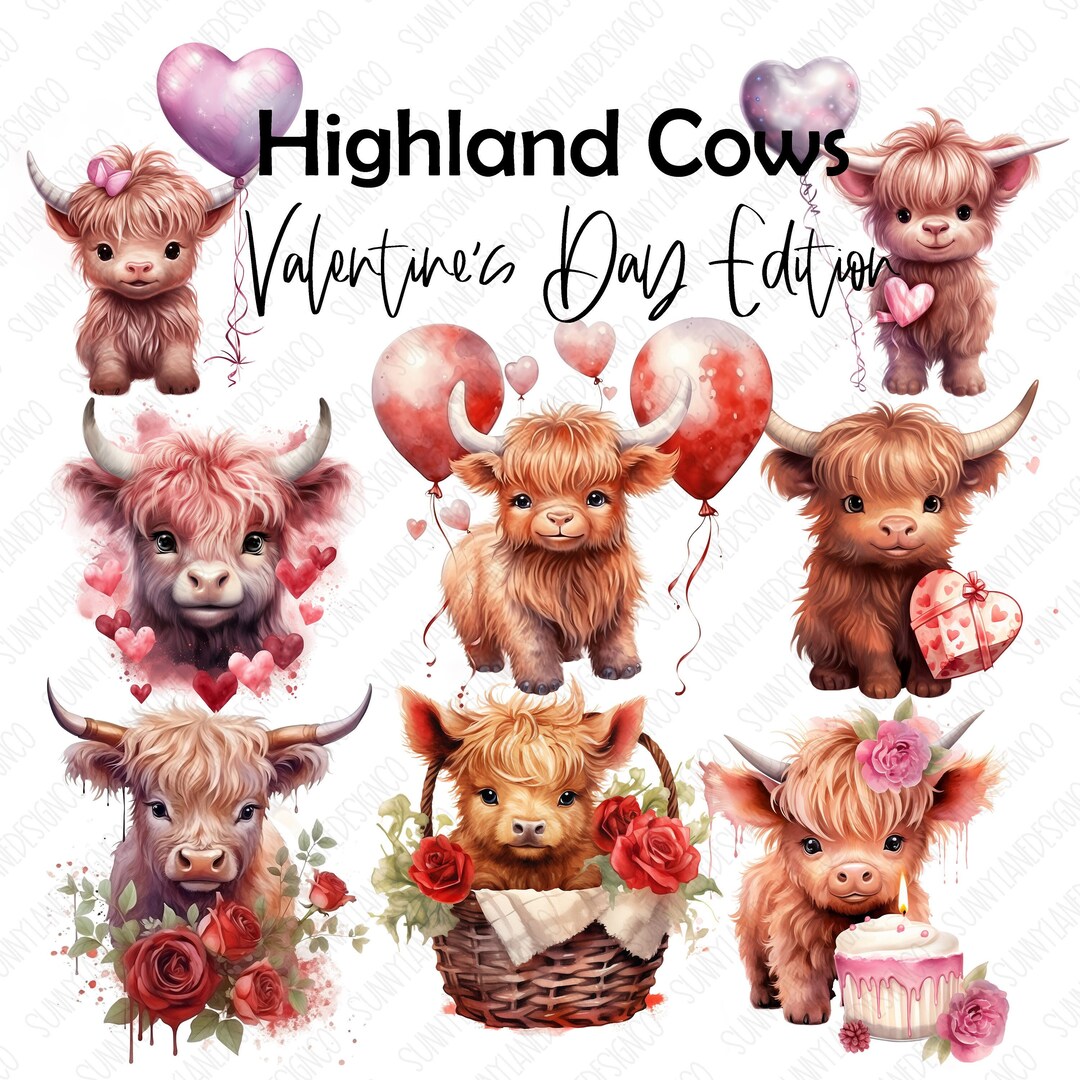 Valentine's Day Highland Cows PNG, Clipart Bundle, Junk Journal ...