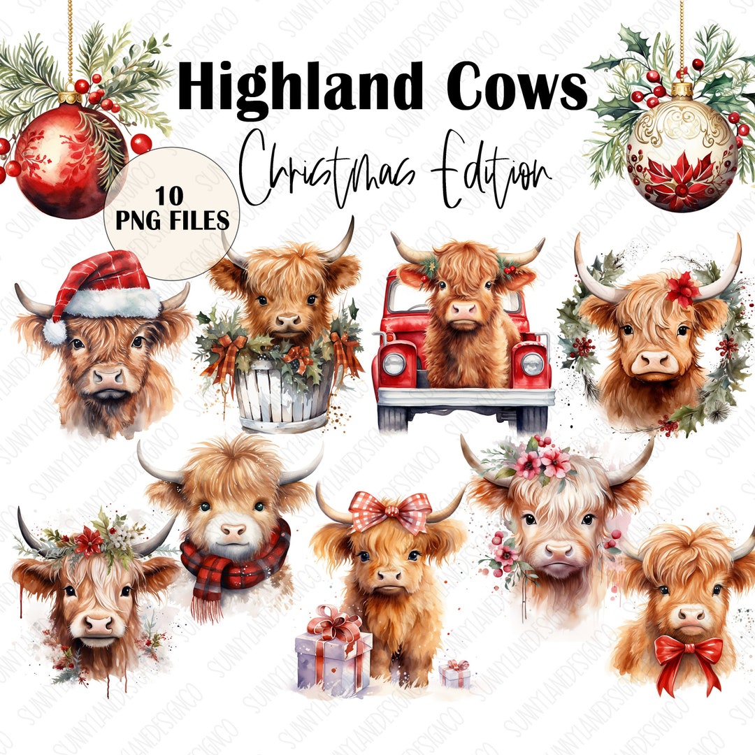 Christmas Highland Cows PNG, Clipart Bundle, Junk Journal, Digital ...