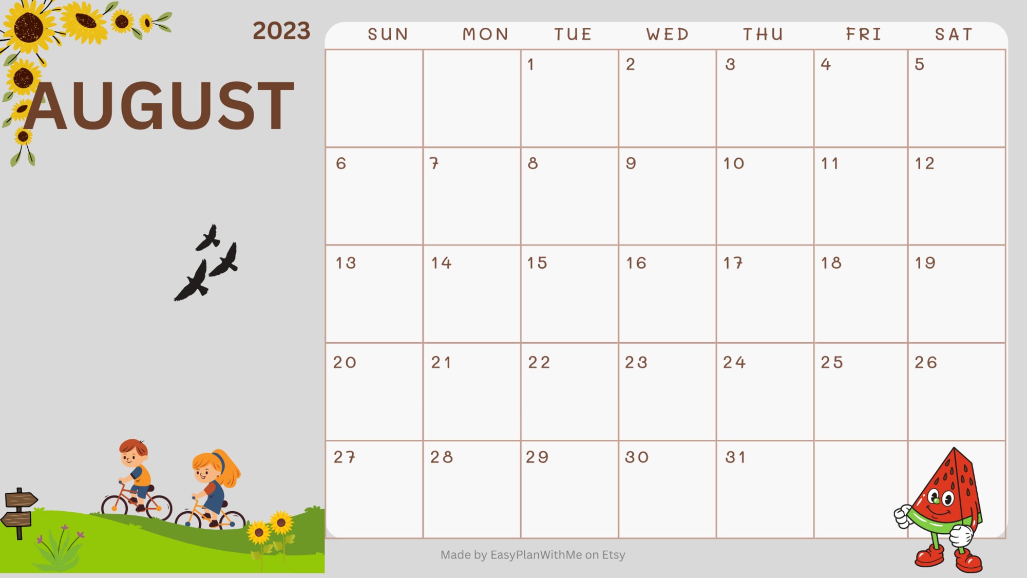 Printable August Calendar 2023, Large Wall Digital Calendar, Minimalist ...