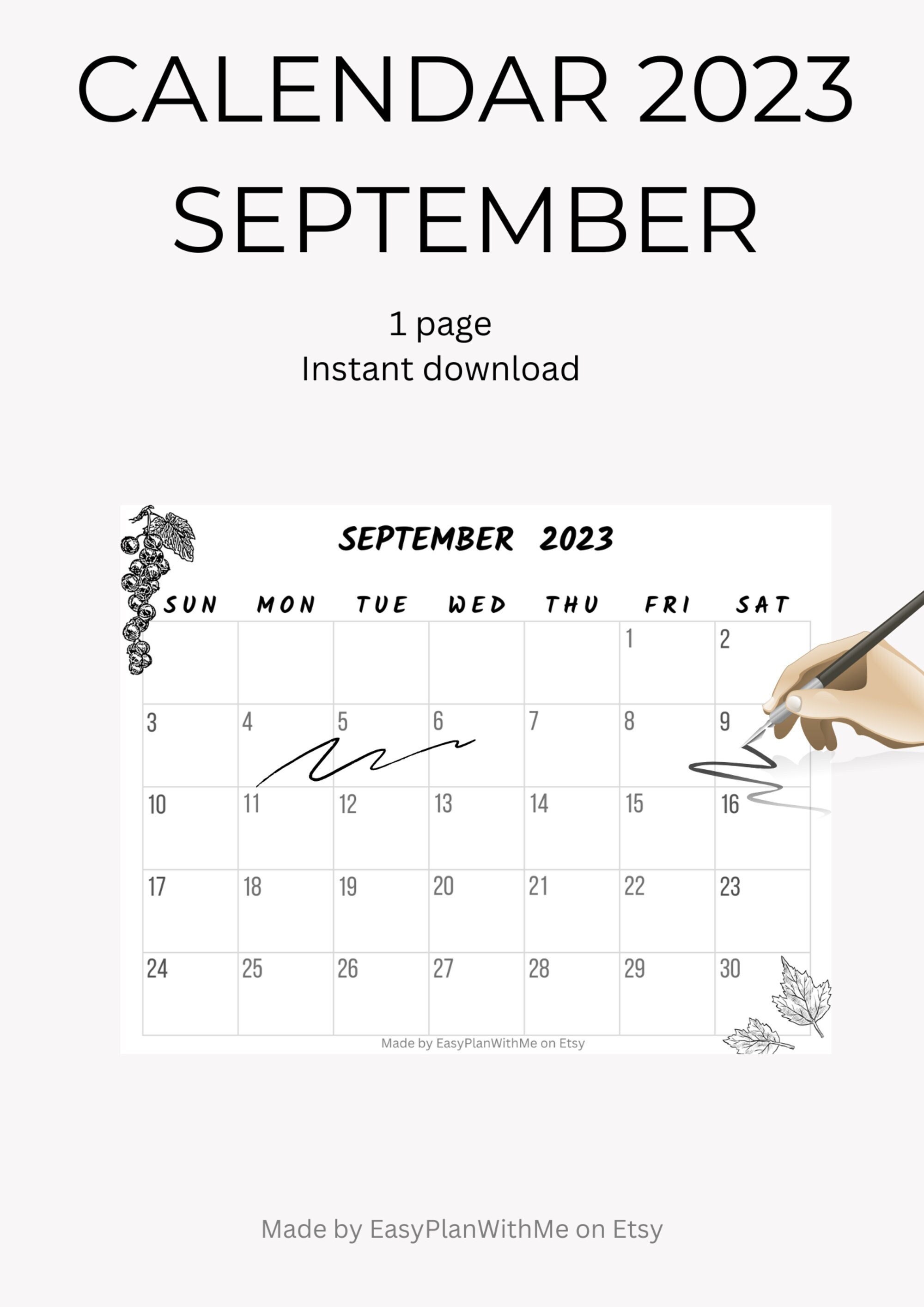 Printable Calendar for September 2023, Black & White Minimalist Monthly ...