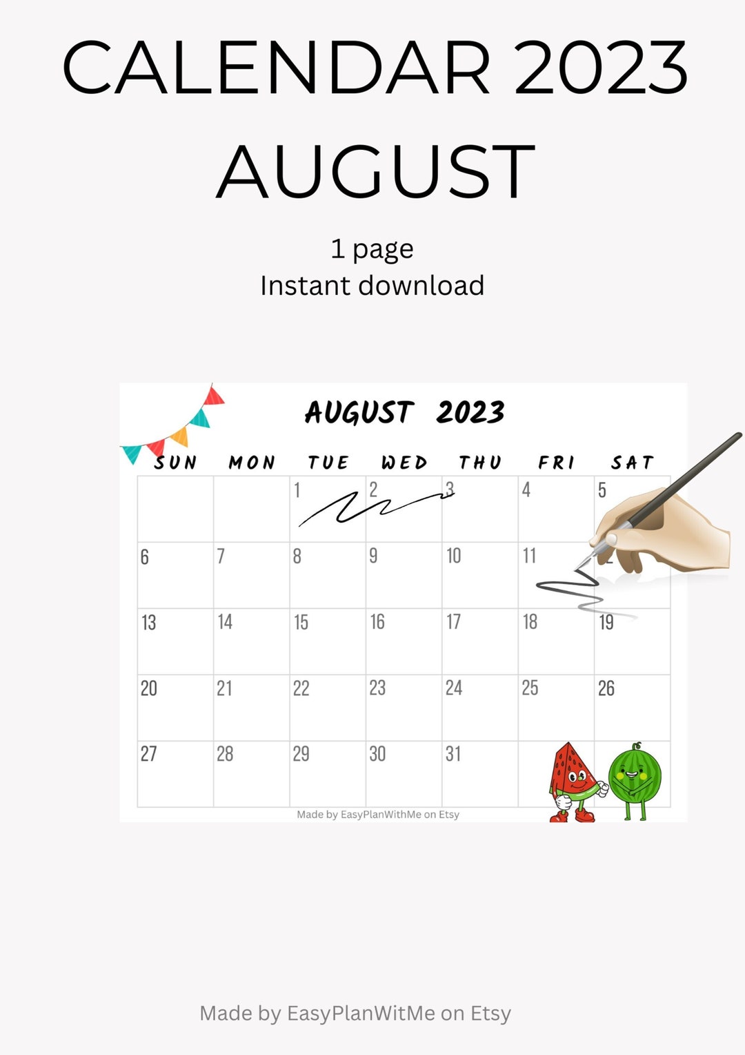 Printable Calendar for August 2023, Minimalist Large Wall Digital ...