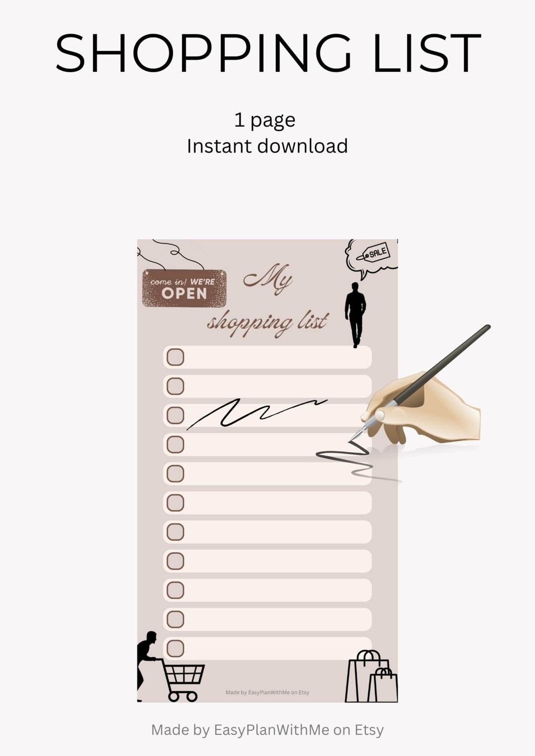 Printable Shopping List Planner, Grocery List One Page Planner, Digital ...