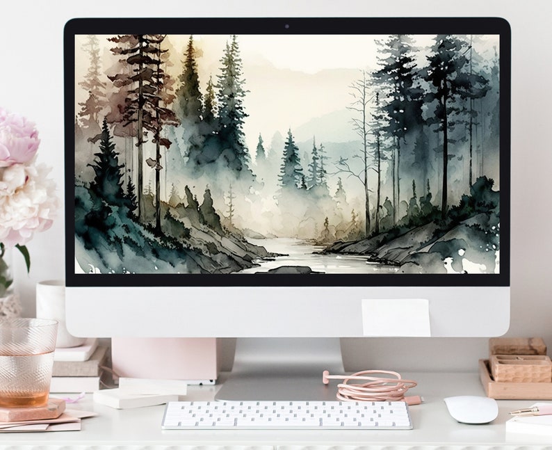 Watercolor Forest Desktop Background Greenery iPad Wallpaper - Etsy