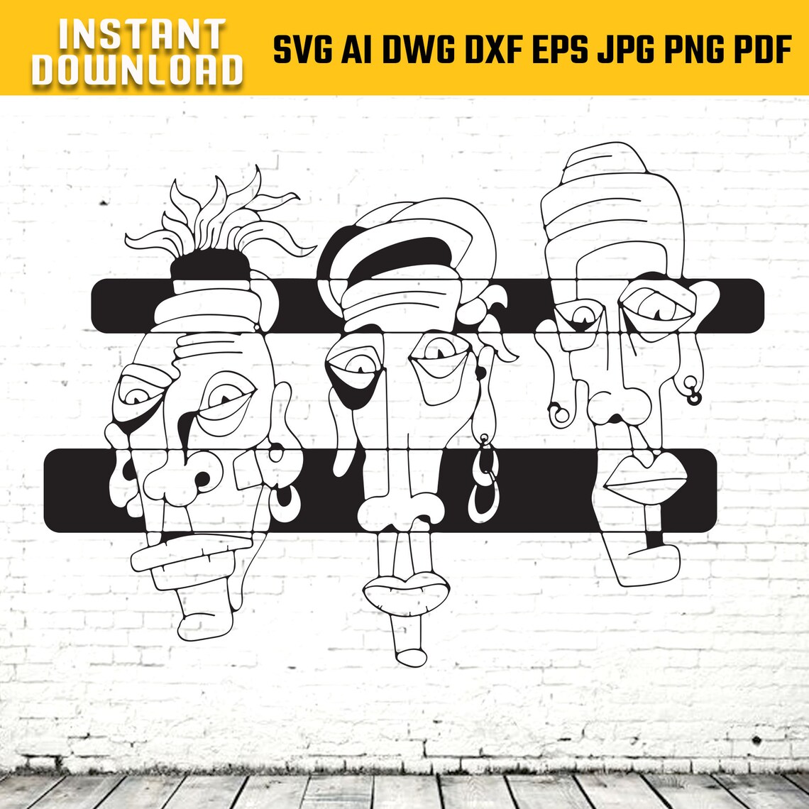 3xabstract Faces Wall Art Decoration SVG File, Laser Cutting and Plasma ...