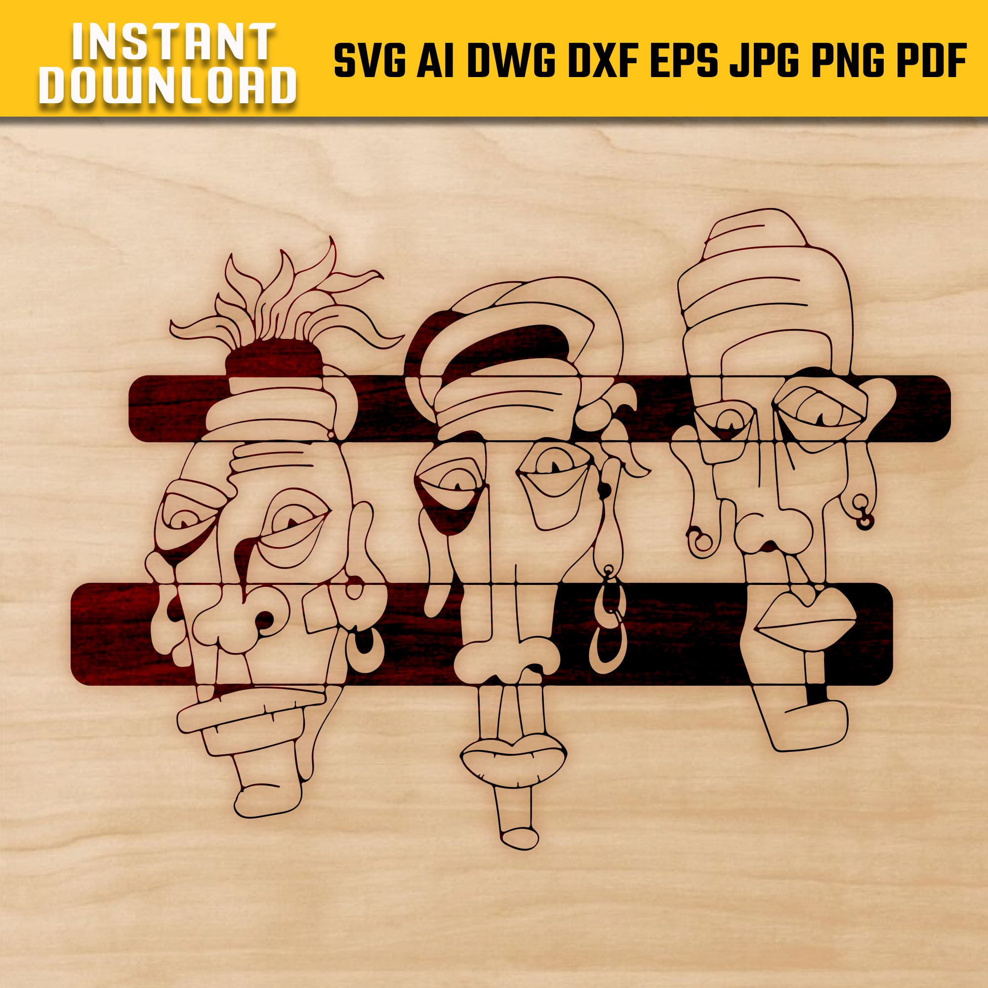3xabstract Faces Wall Art Decoration SVG File, Laser Cutting and Plasma ...
