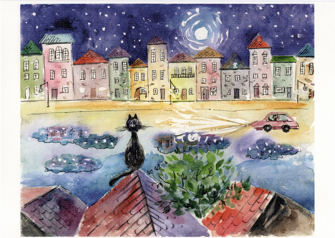 Cat. Moonlight Night. Art Print. - Etsy