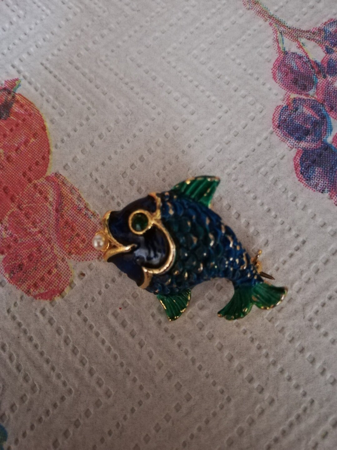 Vintage Brooch Fish Green and Blue Tone With a Pearl Like Stone - Etsy