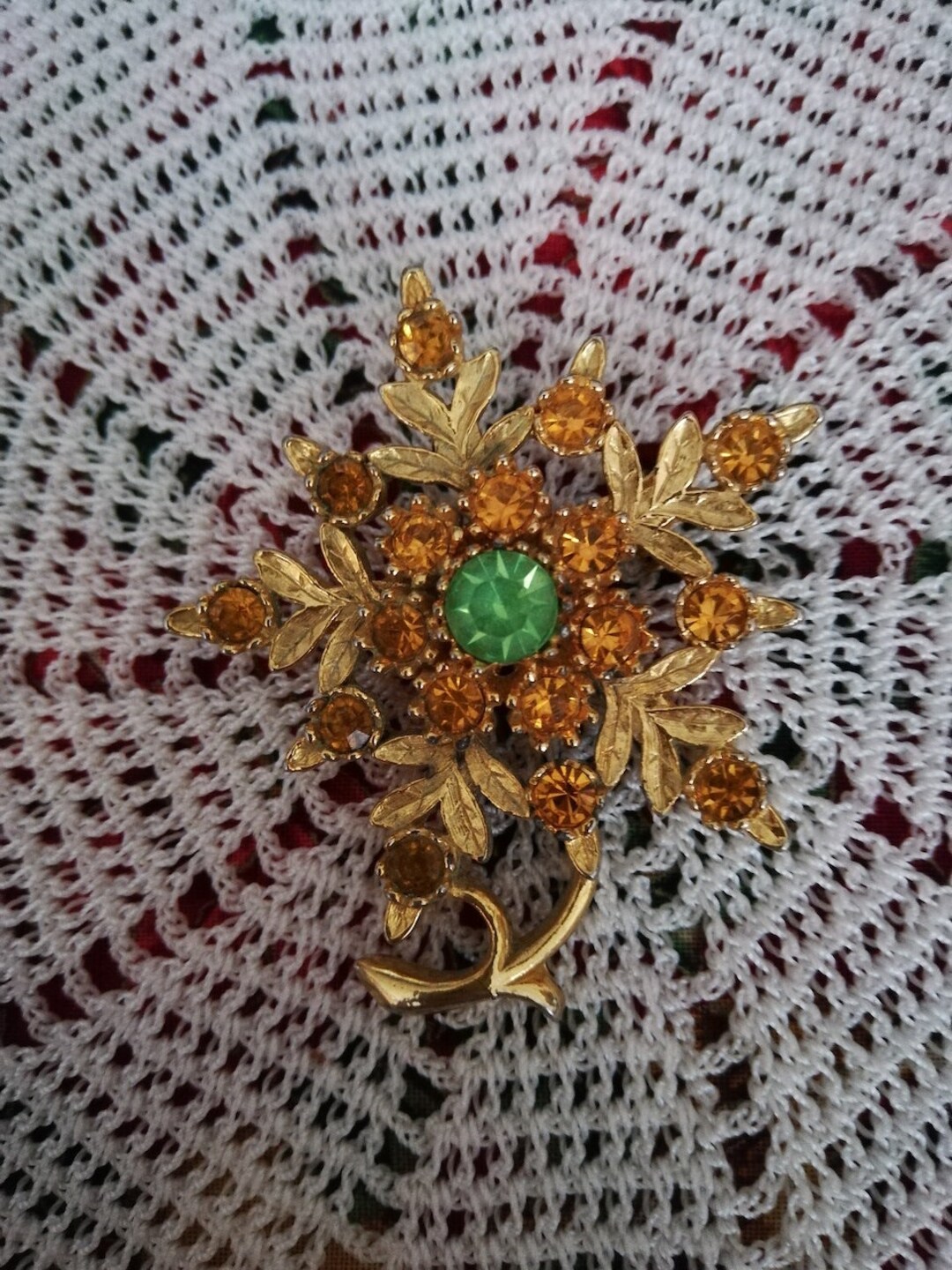 Vintage Brooch Flower Uranium Glass Green Rhinestone Golden Tone - Etsy