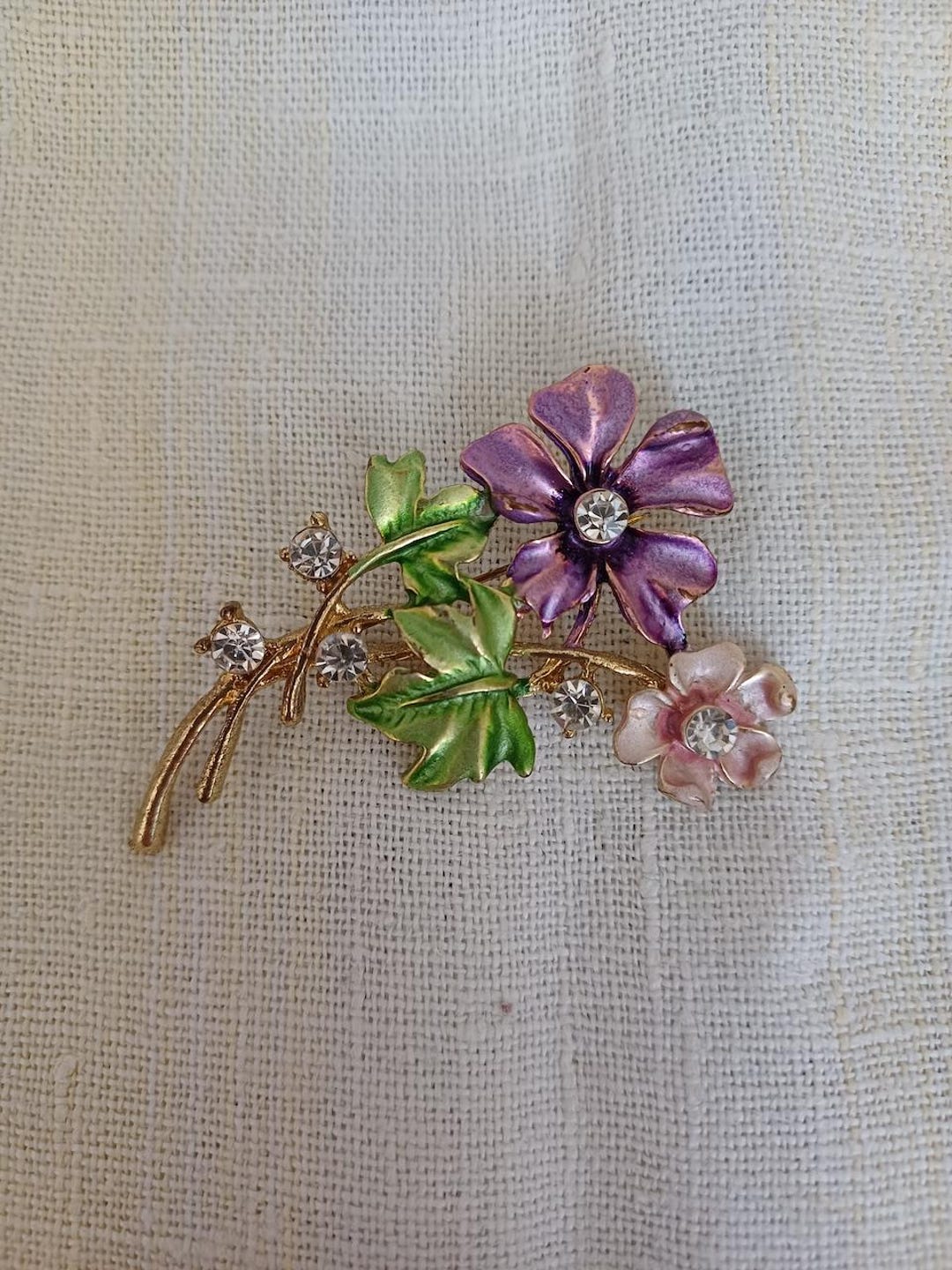 Vintage Brooch Rose and Purple Flowers With Rhinestones - Etsy