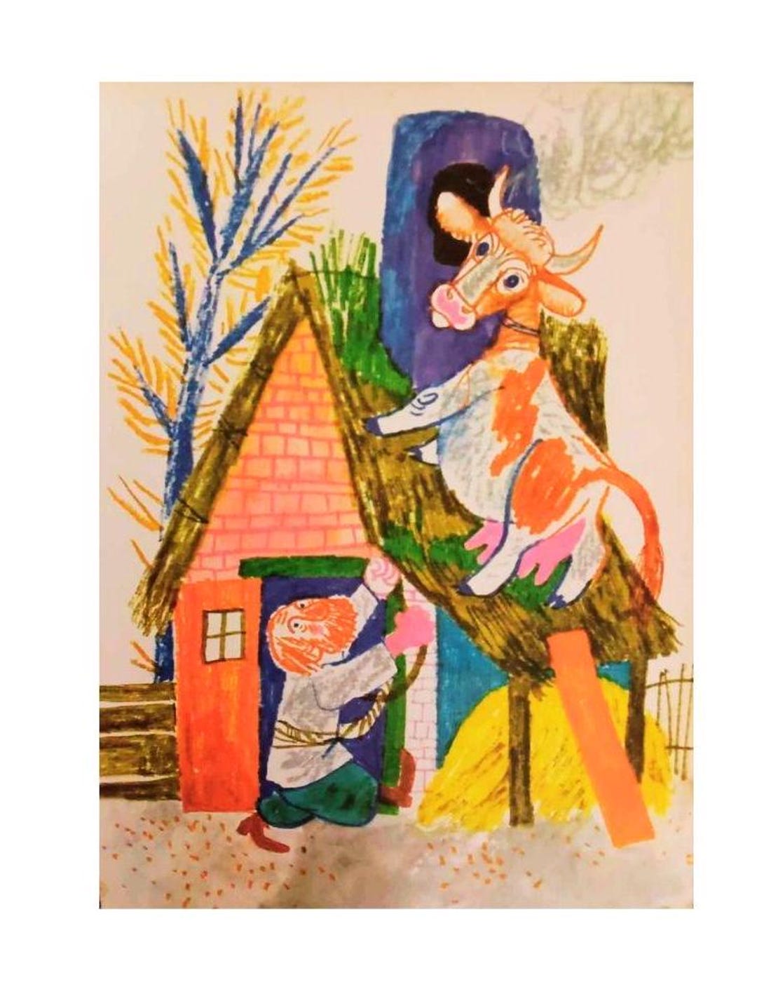Children's Book Illustration COW on the ROOF From a 70s Eastern ...