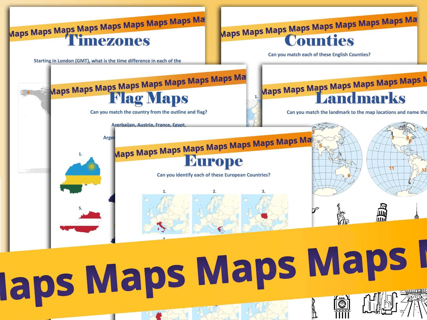 Map Quiz Bundle – Landmarks, Flags, Timezones (printable PDF) - Etsy