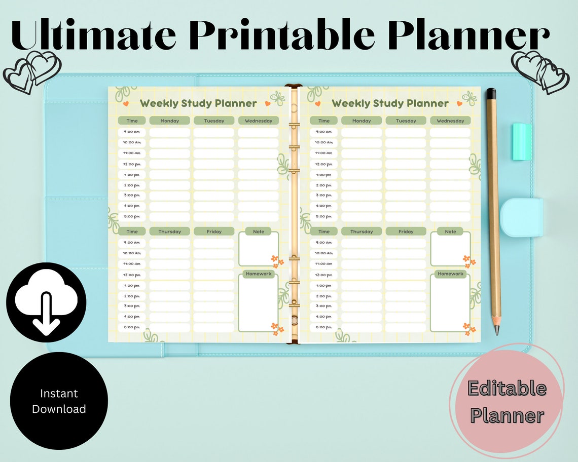 Green Cute Playful Doodle Weekly Study Planner, Weekly Study Planner ...